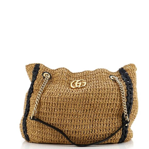Gucci | Bags | Gucci Gg Marmont Chain Tote Raffia Large Black Brown ...